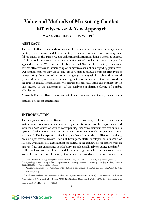 (PDF) Value and Methods of Measuring Combat Effectiveness: A New Approach