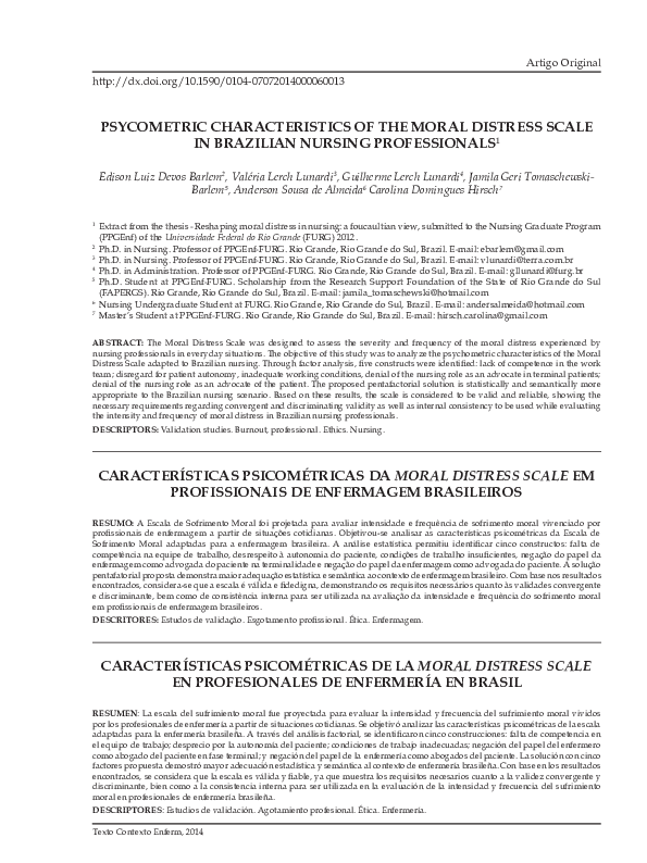 (PDF) Características psicométricas de la Moral Distress Scale en ...
