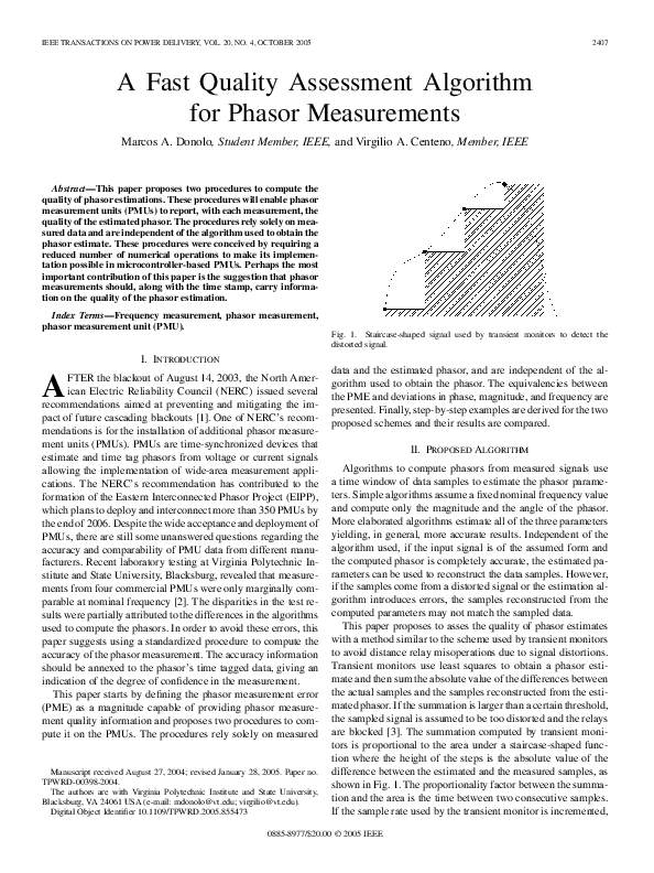 (PDF) A Fast Quality Assessment Algorithm for Phasor Measurements