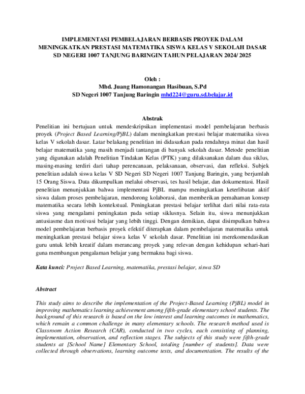 (PDF) IMPLEMENTASI PEMBELAJARAN BERBASIS PROYEK DALAM MENINGKATKAN PRESTASI MATEMATIKA SISWA ...