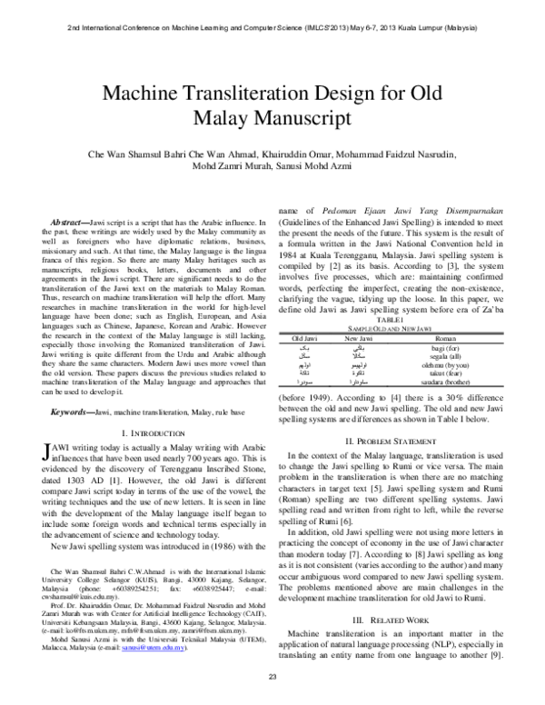 (PDF) Machine Transliteration Design for Old Malay Manuscript