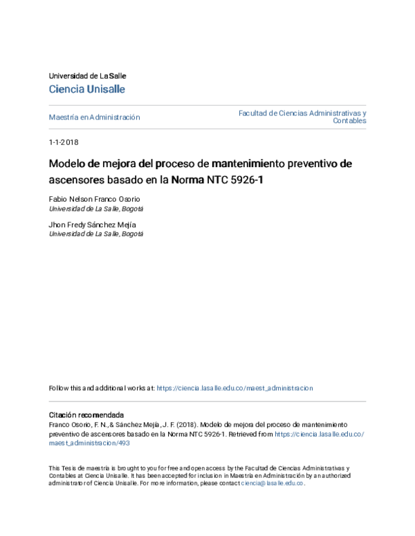 (PDF) Modelo de mejora del proceso de mantenimiento preventivo de ascensores basado en la Norma ...