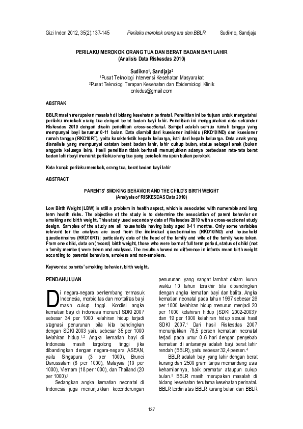 (PDF) PERILAKU MEROKOK ORANG TUA DAN BERAT BADAN BAYI LAHIR (Analisis ...