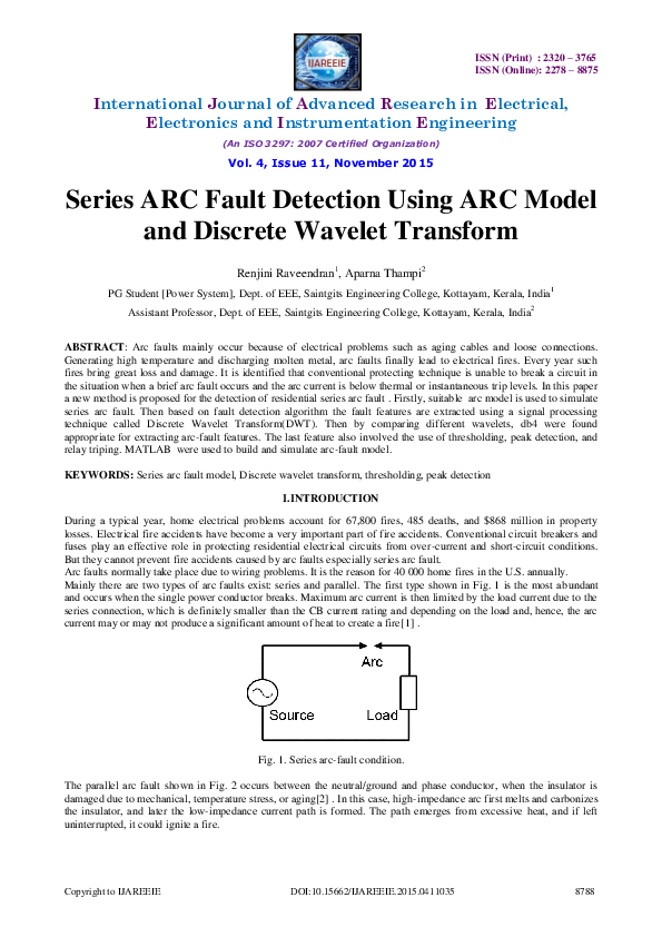 (PDF) Series ARC Fault Detection Using ARC Model and Discrete Wavelet Transform