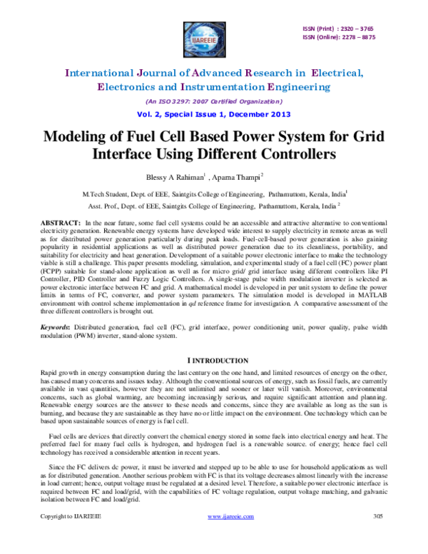 (PDF) Modeling of Fuel Cell Based Power System for GridInterface Using ...