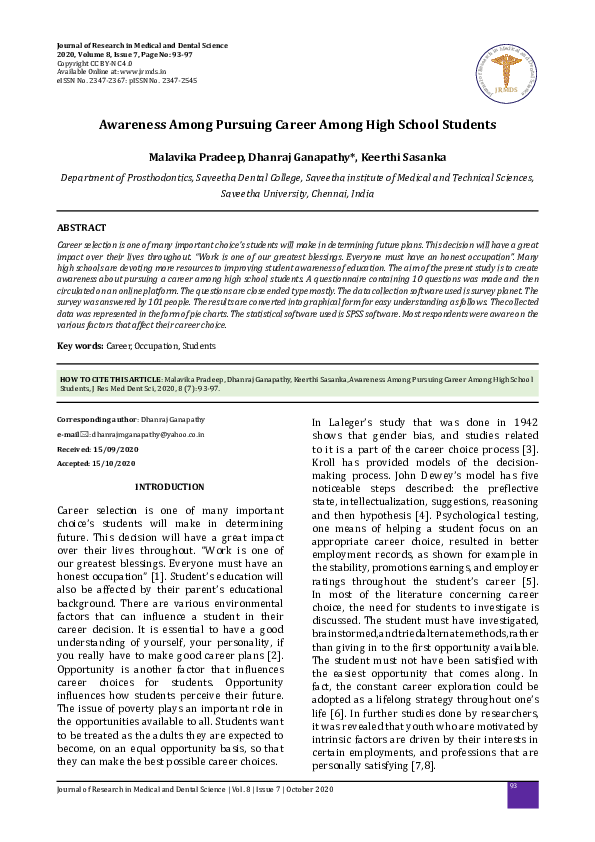 (PDF) Awareness Among Pursuing Career Among High School Students