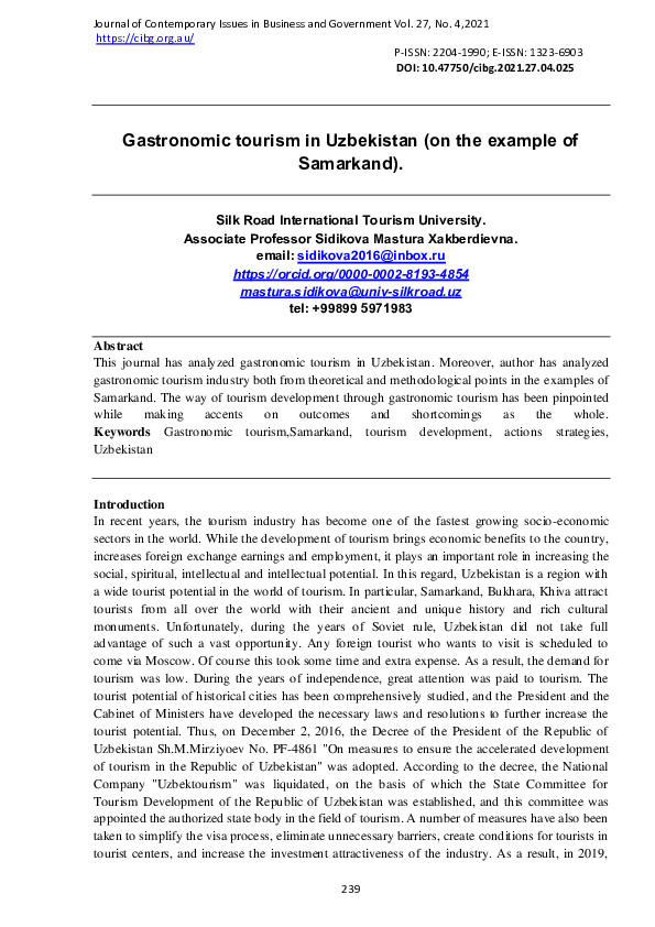 (PDF) Gastronomic tourism in Uzbekistan ( on the example of Samarkand )