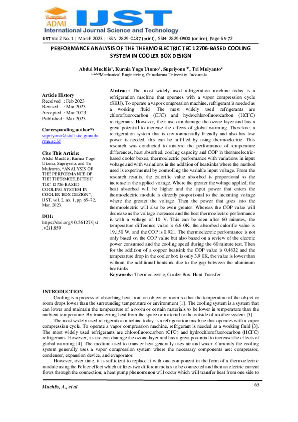 (PDF) Performance Analysis of the Thermoelectric Tec 12706-BASED ...