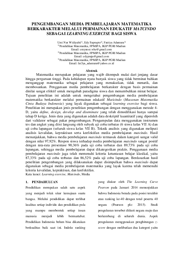 (PDF) Pengembangan Media Pembelajaran Matematika Berkarakter Melalui Permainan Edukatif Matcindo ...