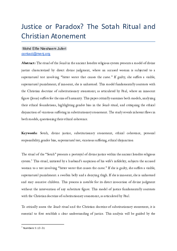 (PDF) Justice or Paradox? The Sotah Ritual and Christian Atonement