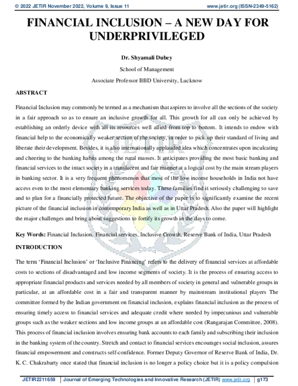 (PDF) FINANCIAL INCLUSION – A NEW DAY FOR UNDERPRIVILEGED