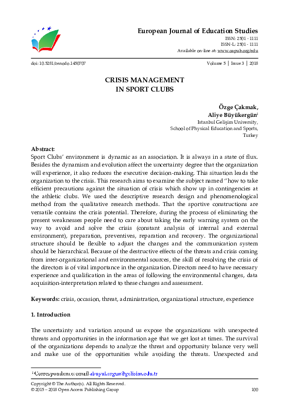 (PDF) Crisis Management in Sport Clubs
