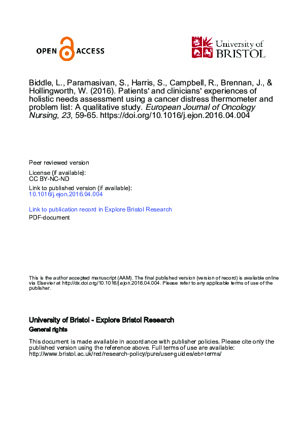 (PDF) Patients' and clinicians' experiences of holistic needs ...