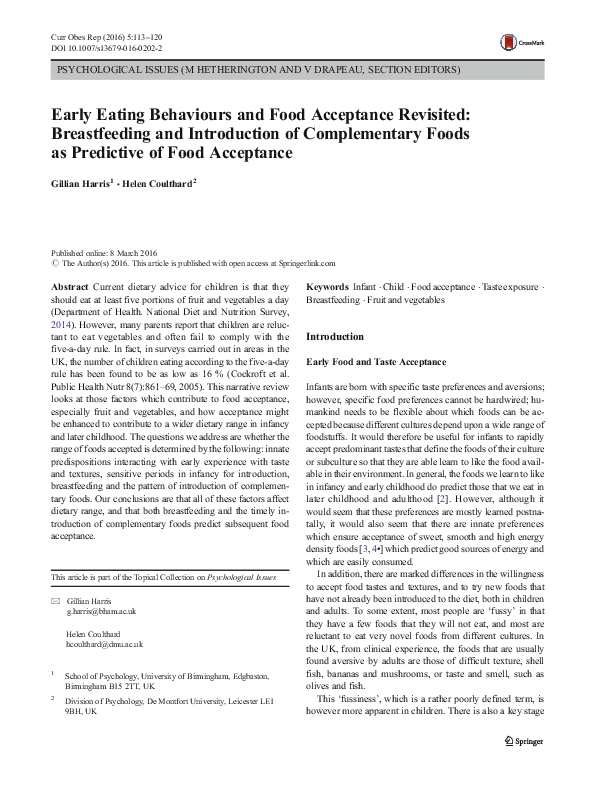 (PDF) Early Eating Behaviours and Food Acceptance Revisited ...