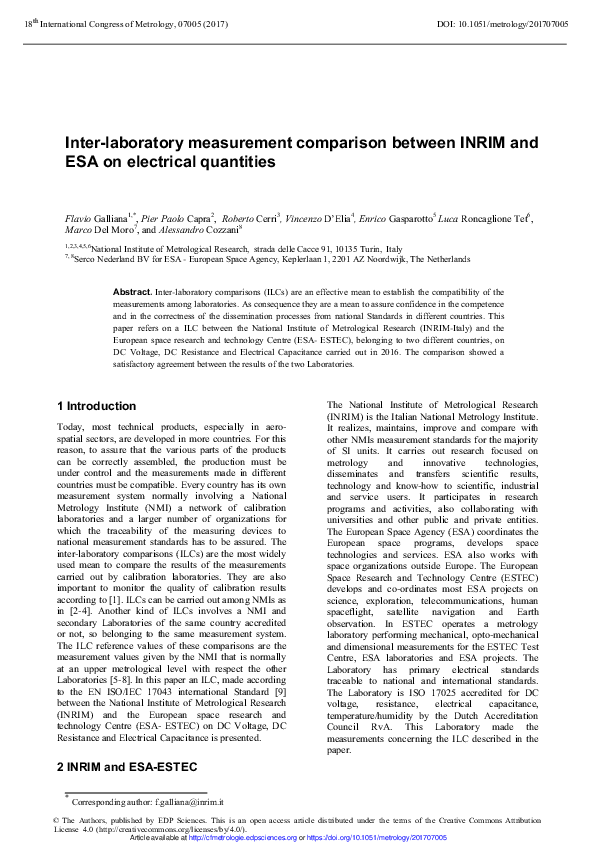 (PDF) Inter-laboratory measurement comparison between INRIM and ESA on electrical quantities