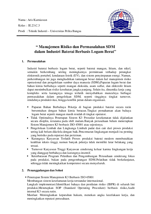 (PDF) " Manajemen Risiko dan Permasalahan SDM dalam Industri Baterai Berbasis Logam Berat"