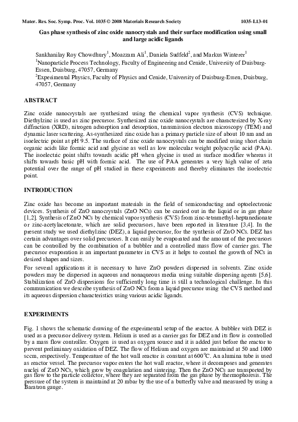 (PDF) Gas phase synthesis of zinc oxide nanocrystals and their surface ...