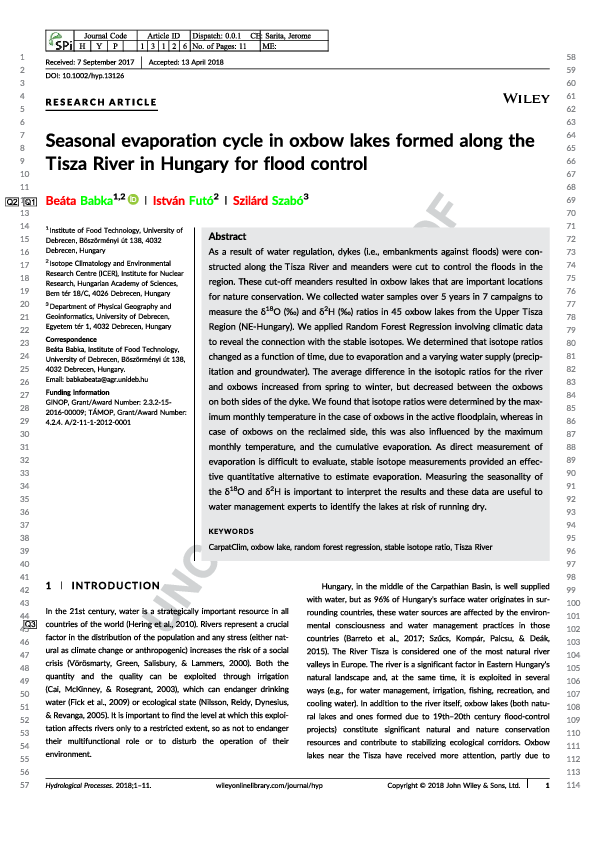 (PDF) Seasonal evaporation cycle in oxbow lakes formed along the Tisza ...