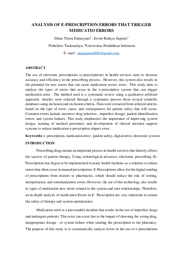 (PDF) ANALYSIS OF E-PRESCRIPTION ERRORS THAT TRIGGER MEDICATIO ERRORS
