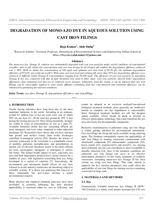 (PDF) Degradation of Mono-Azo Dye in Aqueous Solution Using Cast Iron ...