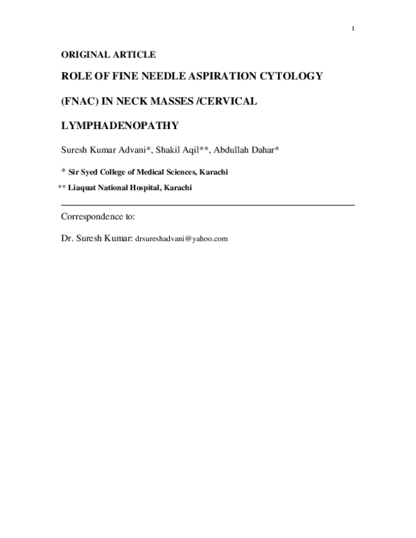 (PDF) Role of Fine Needle Aspiration Cytology (Fnac) in Neck Masses ...