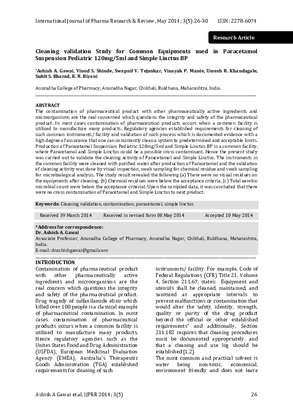 (PDF) Cleaning validation Study for Common Equipments used in ...
