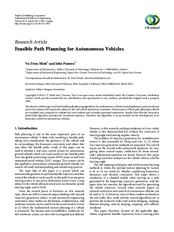(PDF) Feasible Path Planning for Autonomous Vehicles