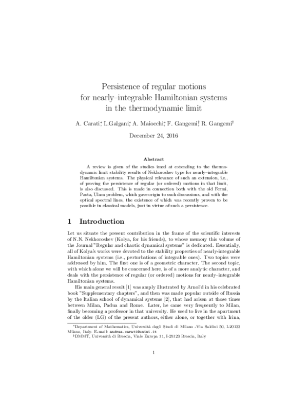 (PDF) Persistence of regular motions for nearly integrable Hamiltonian ...
