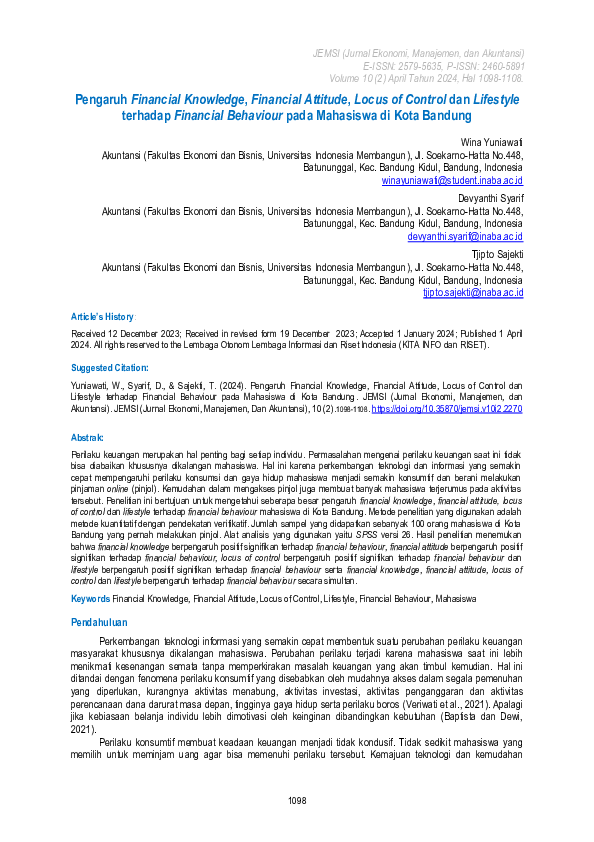 (PDF) Pengaruh Financial Knowledge, Financial Attitude, Locus of Control dan Lifestyle terhadap ...