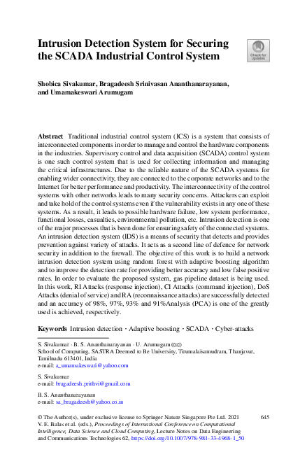 (PDF) Intrusion Detection System for Securing the SCADA Industrial Control System