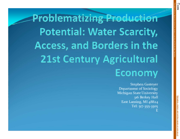 (PDF) Problematizing Production Potential: Water Scarcity, Access, and ...