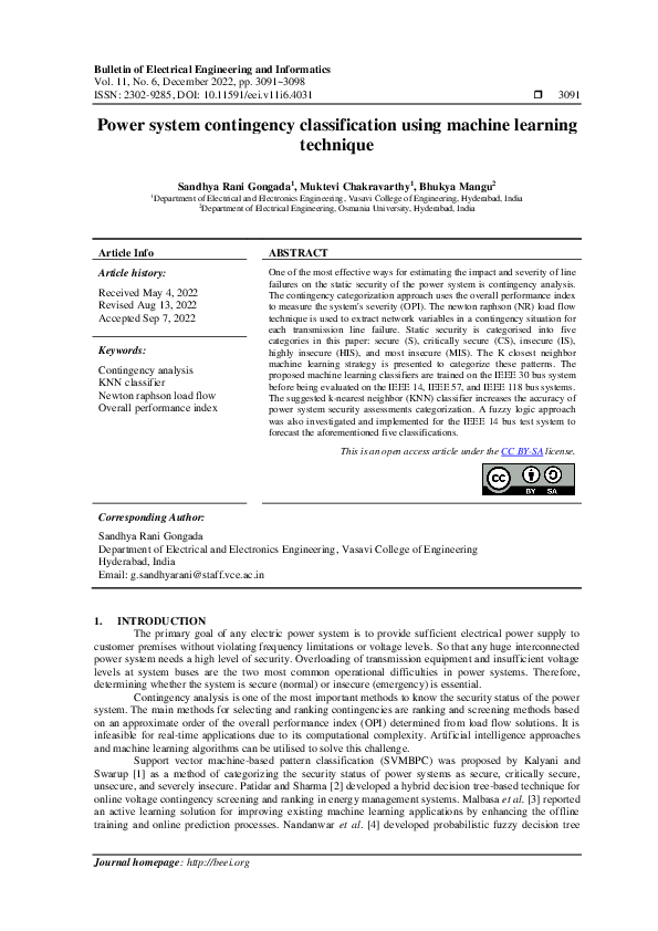 (PDF) Power system contingency classification using machine learning technique