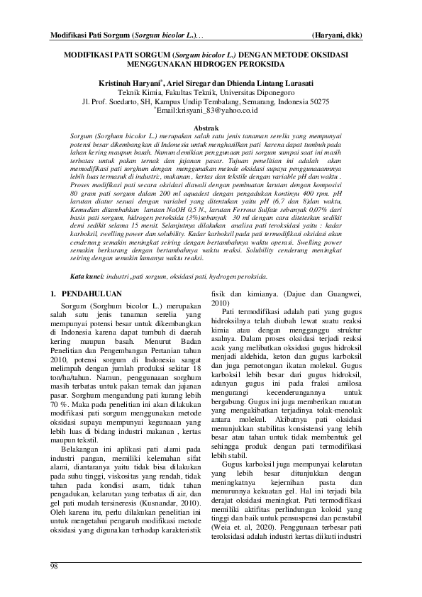(PDF) MODIFIKASI PATI SORGUM (Sorgum bicolor L.) DENGAN METODE OKSIDASI ...