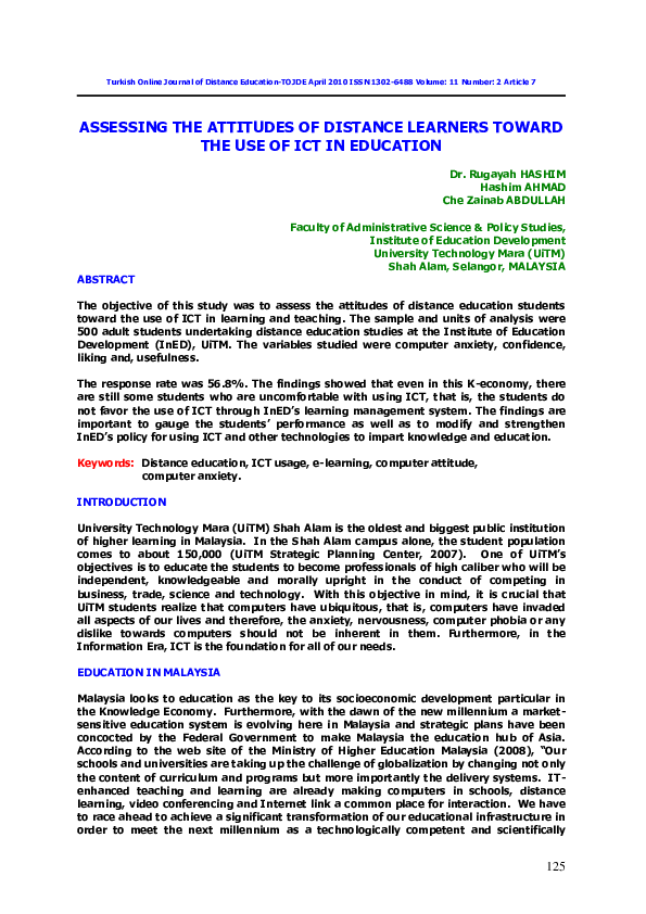 (PDF) Assessing the attitudes of distance learners toward the use of ict in education