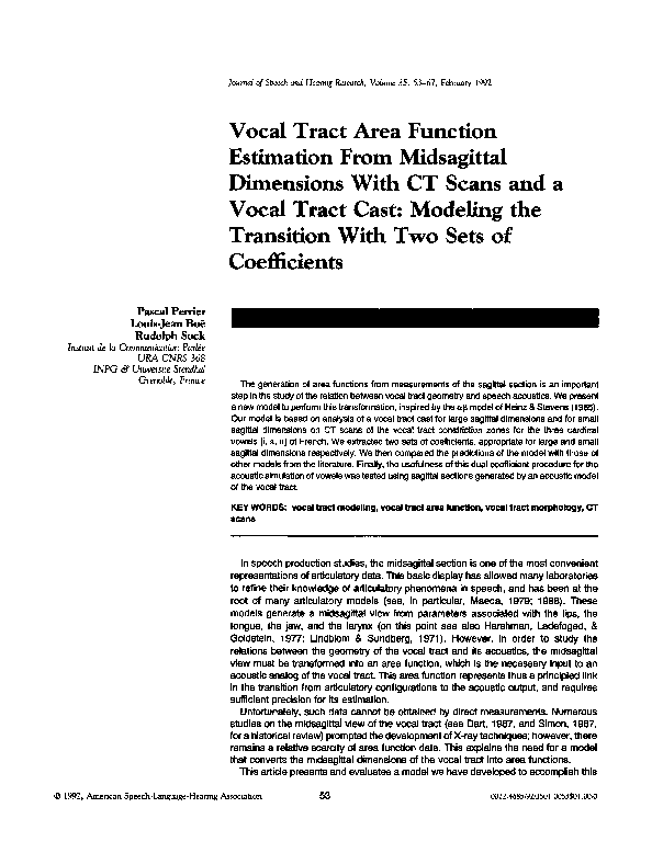 (PDF) Vocal Tract Area Function Estimation From Midsagittal Dimensions With CT Scans and a Vocal ...