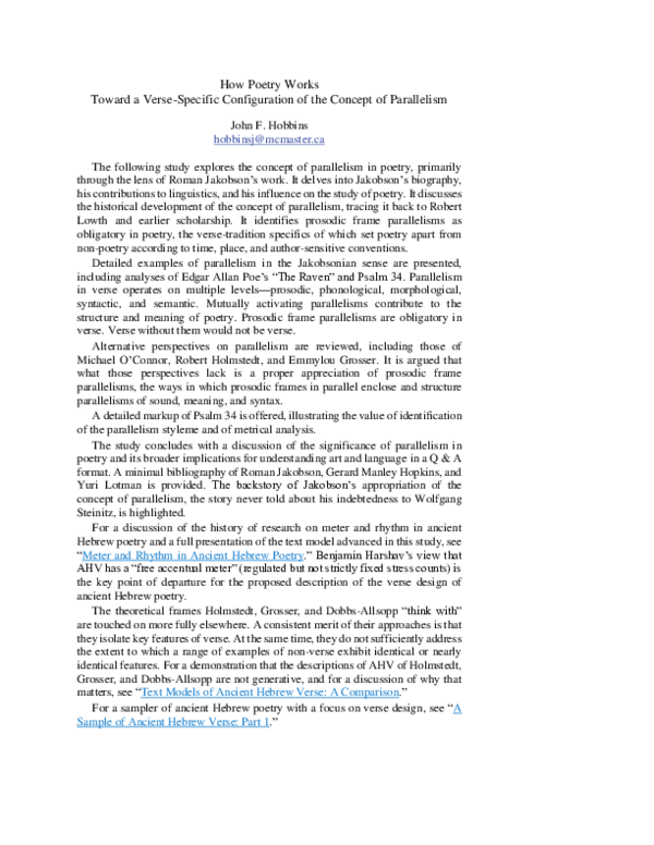 (PDF) Poetry, Parallelism, and Prosody: Roman Jakobson and the Quest ...