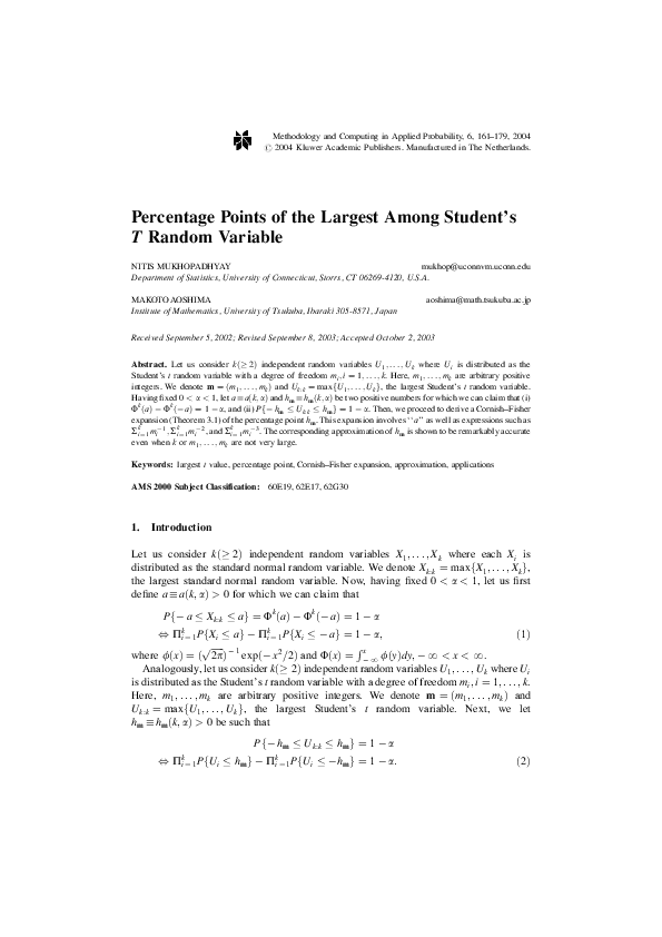 (PDF) Percentage Points of the Largest Among Student’s T Random Variable