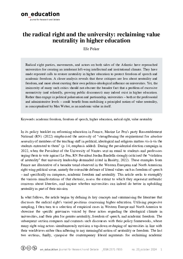 (PDF) The Radical Right and the University: Reclaiming Value Neutrality ...