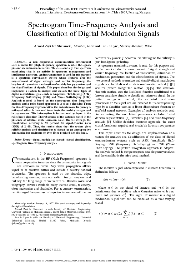(PDF) Spectrogram time-frequency analysis and classification of digital modulation signals