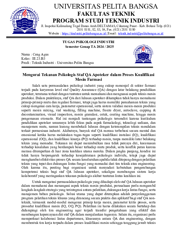 (PDF) UNIVERSITAS PELITA BANGSA FAKULTAS TEKNIK PROGRAM STUDI TEKNIK INDUSTRI