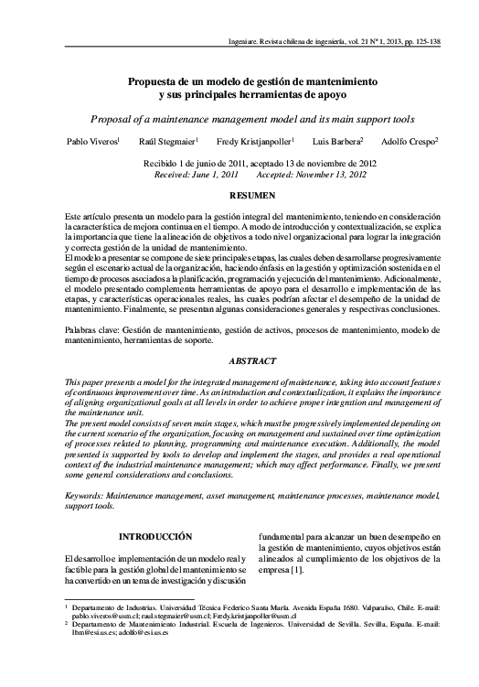 (PDF) Propuesta de un modelo de gestión de mantenimiento y sus principales herramientas de apoyo