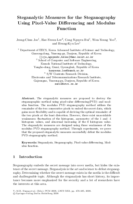 (PDF) Steganalytic Measures for the Steganography Using Pixel-Value Differencing and Modulus ...