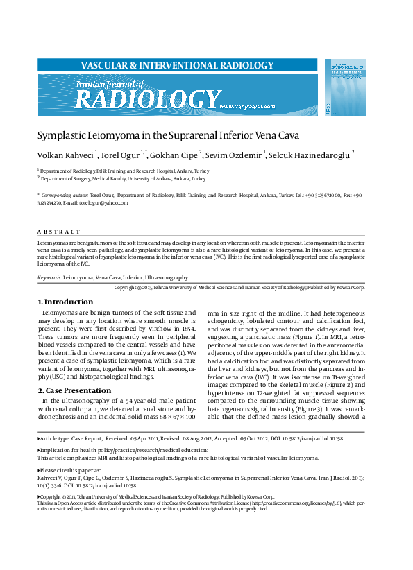 (PDF) Symplastic Leiomyoma in the Suprarenal Inferior Vena Cava