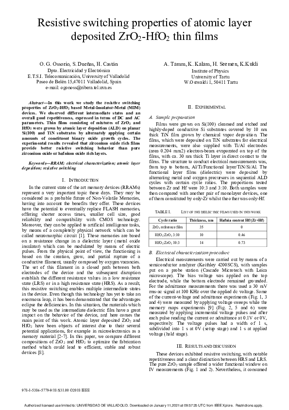 (PDF) Resistive Switching Properties of Atomic Layer Deposited ZrO 2 -HfO 2 Thin Films