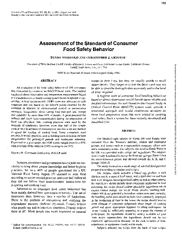(PDF) Assessment of the Standard of Consumer Food Safety Behavior