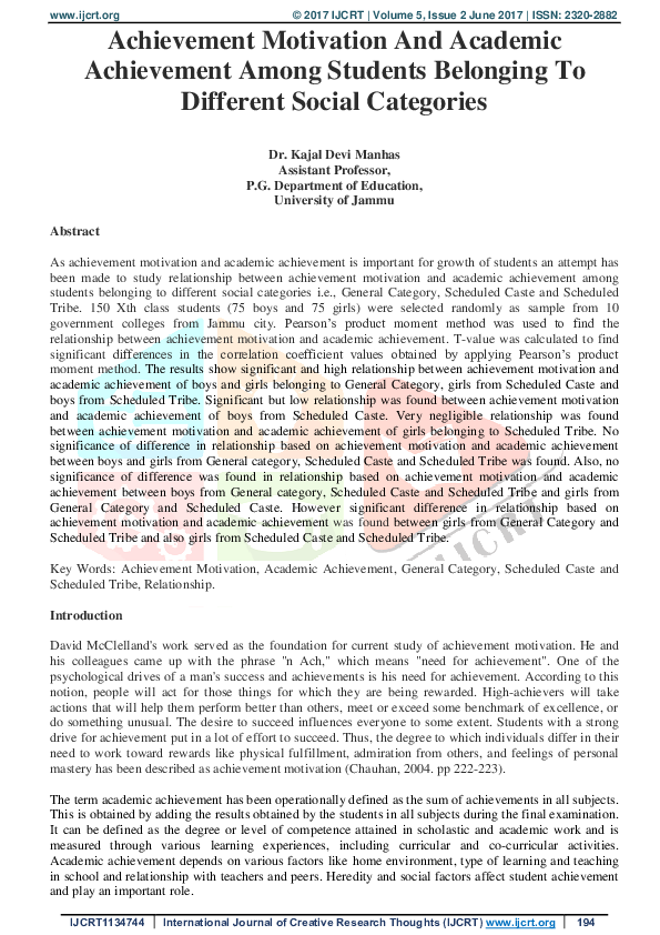 (PDF) Achievement Motivation And Academic Achievement Among Students ...