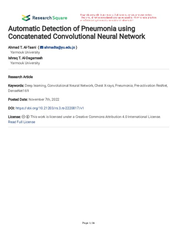 (PDF) Automatic Detection of Pneumonia using Concatenated Convolutional Neural Network