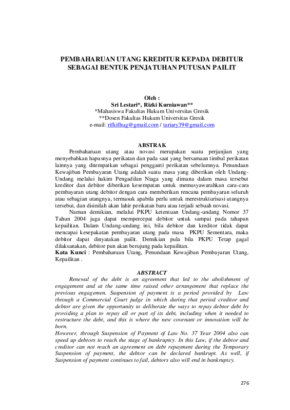 (PDF) Pembaharuan Utang Kreditur Kepada Debitur Sebagai Bentuk ...