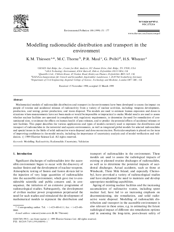 (PDF) Modelling radionuclide distribution and transport in the environment