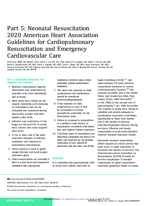(PDF) Part 5: Neonatal Resuscitation 2020 American Heart Association Guidelines for ...
